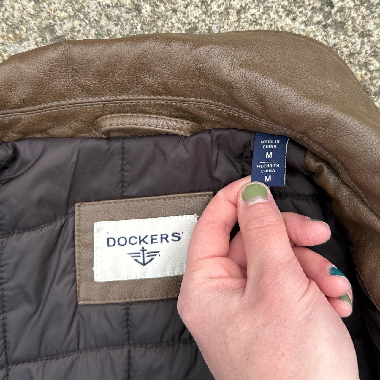vintage y2k dockers brown faux leather jacket size... - Depop