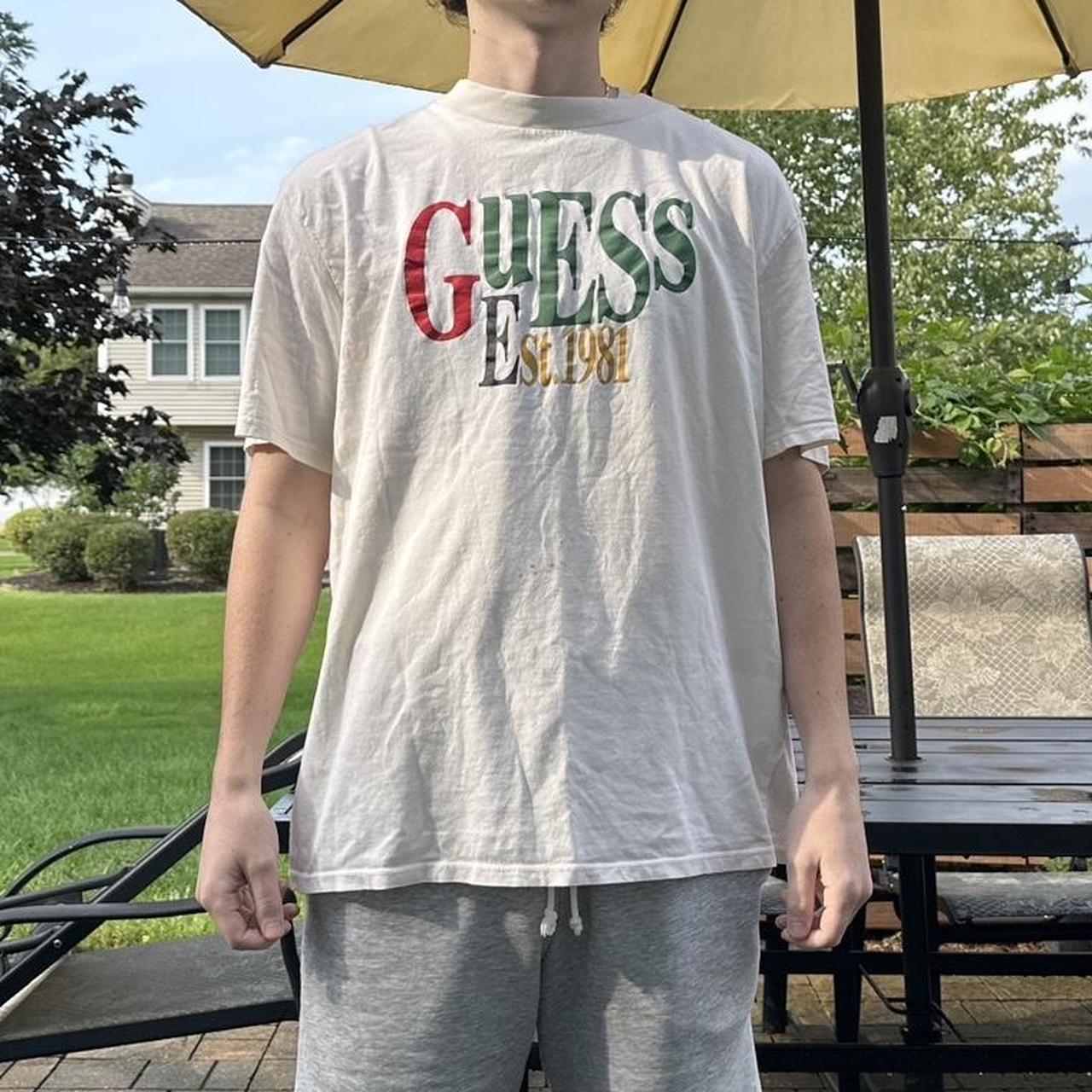 vintage 1990s guess script logo t shirt size large... - Depop