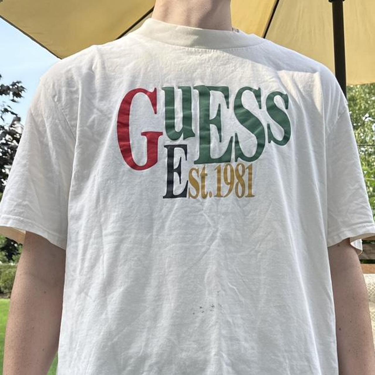 vintage 1990s guess script logo t shirt size large... - Depop