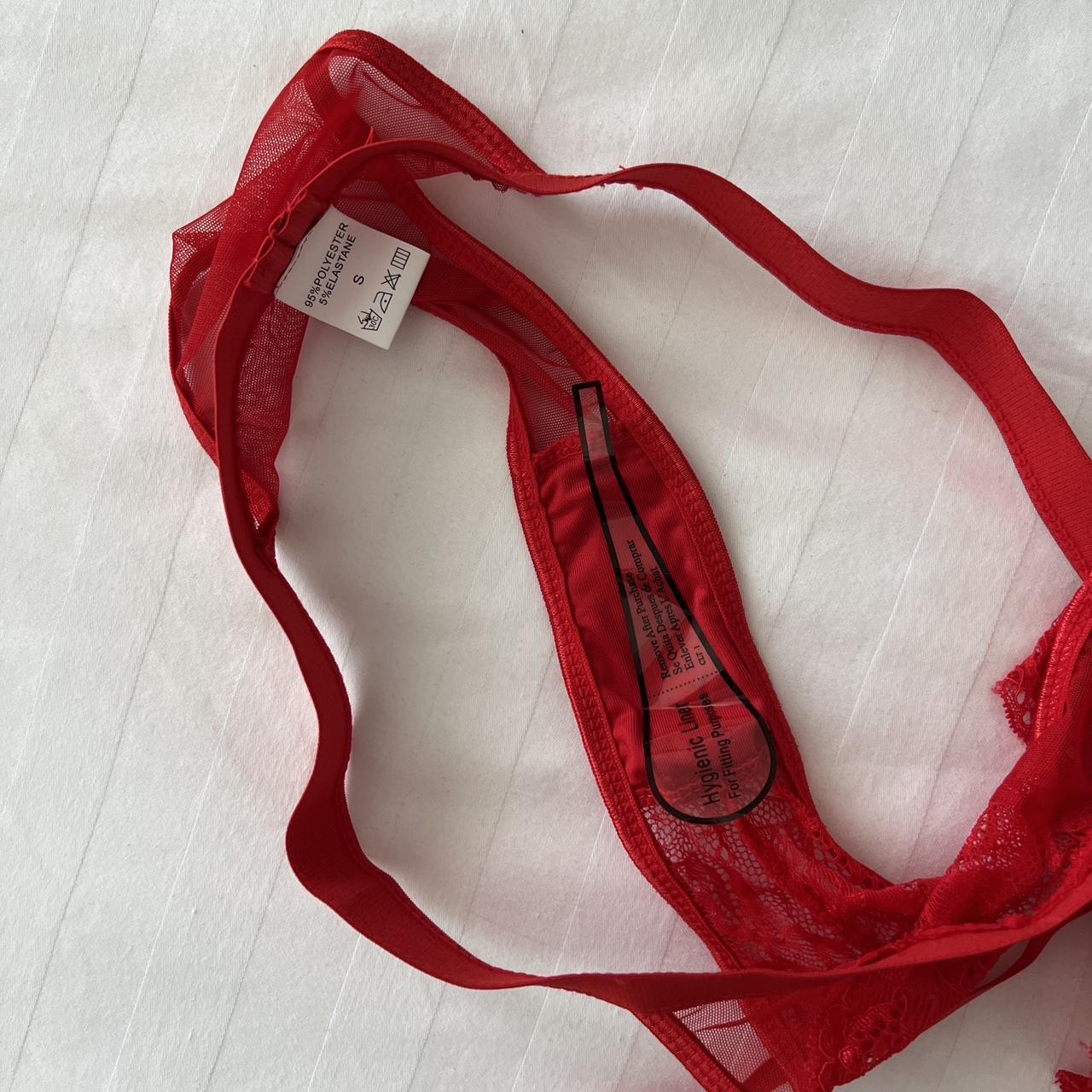 Boohoo Lace Bra and Thong Suspender Set in Red ️... - Depop