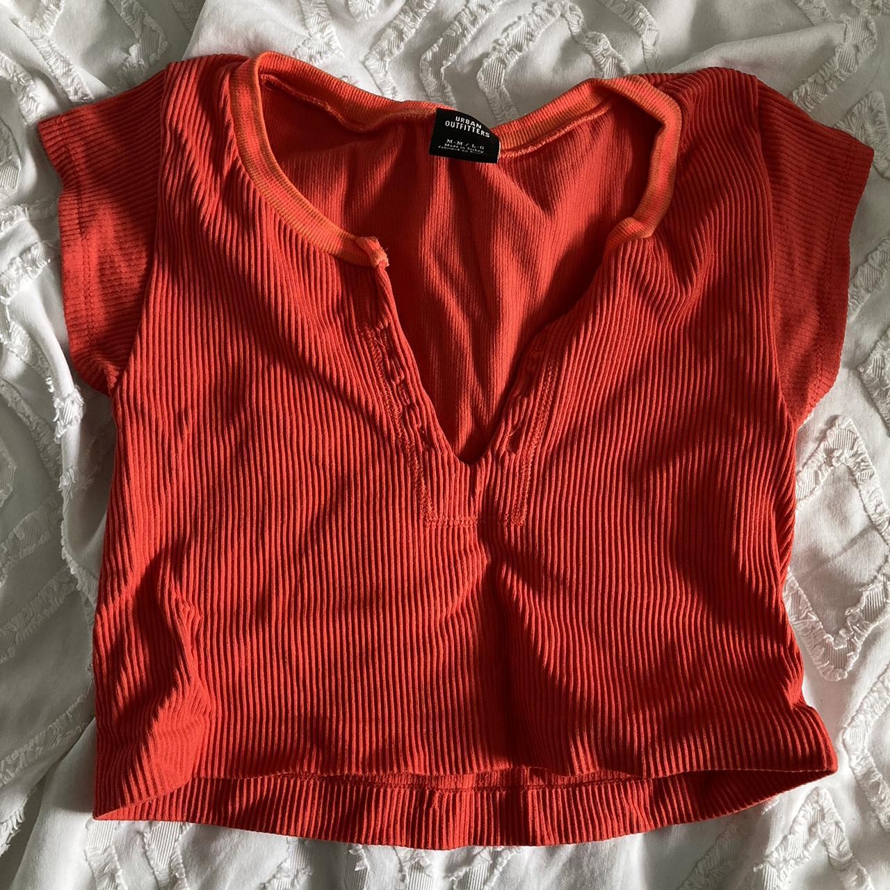Red ribbed v neck Urban outfitters tee, as worn in a... - Depop