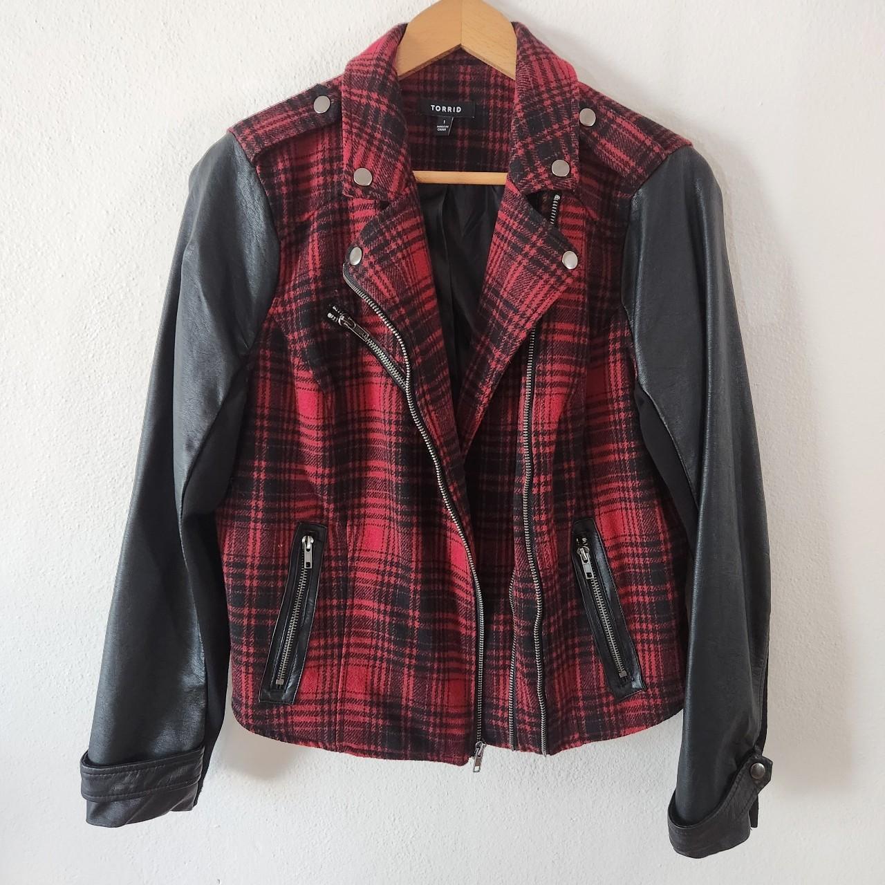 Torrid Moto Jacket Red Black Plaid Wool Blend Faux... - Depop