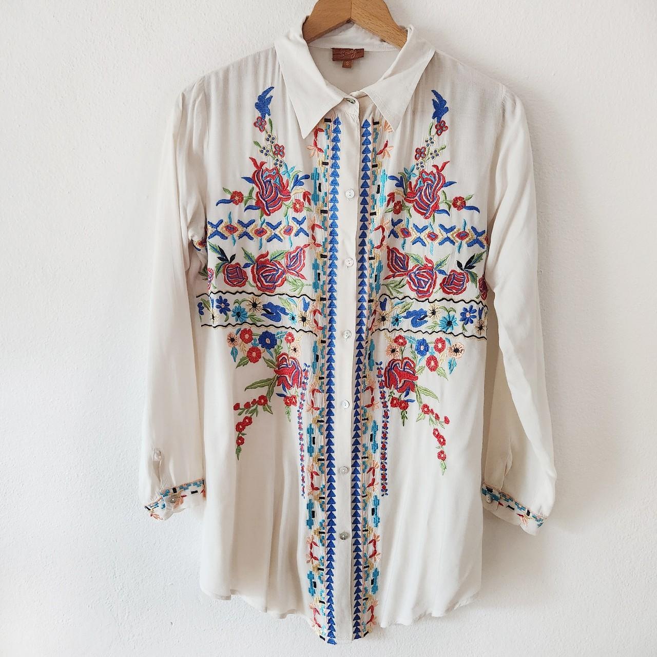 Skully Tunic Top Embroidered Cream Long Sleeve... - Depop