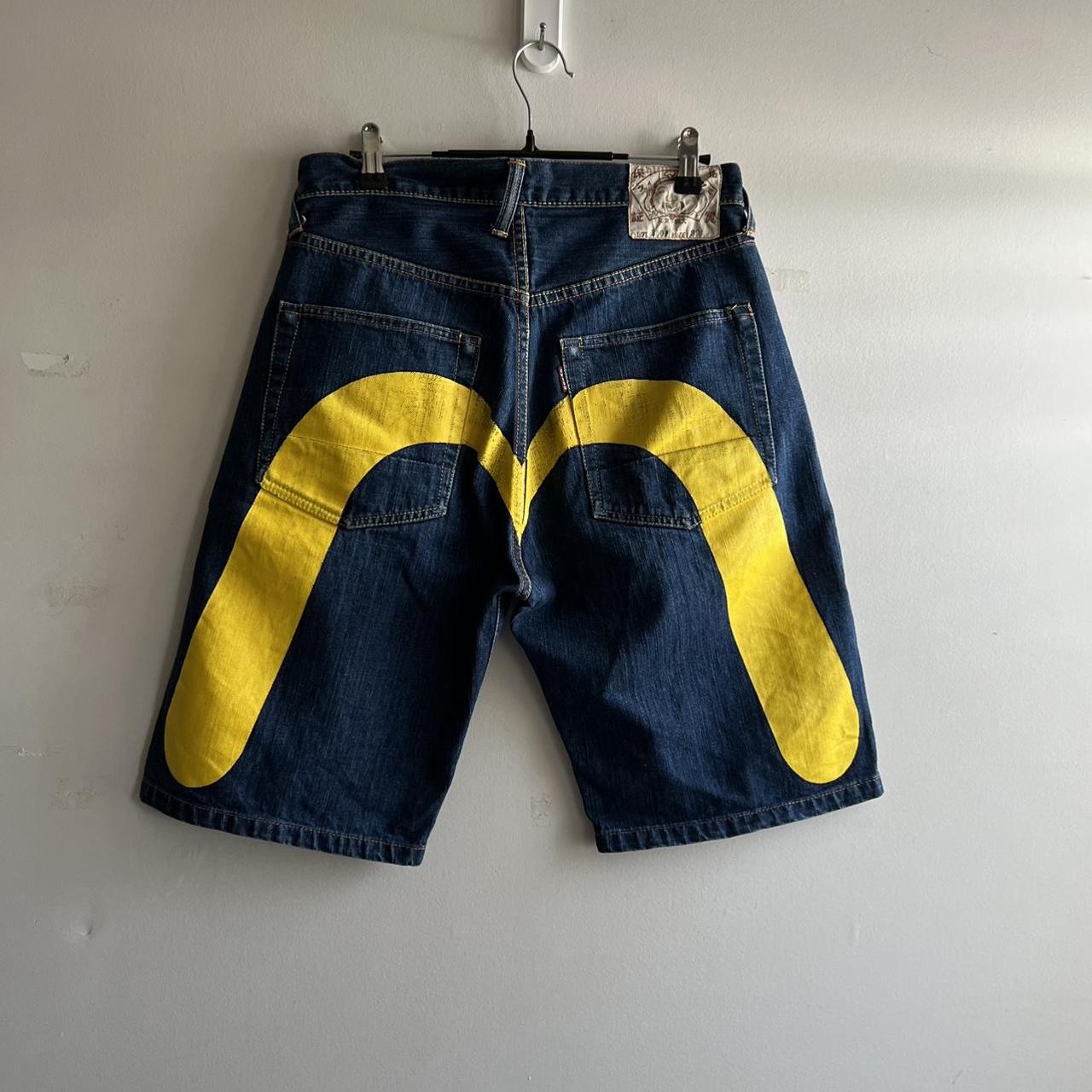 Rare Evisu denim jorts Iconic yellow color way Pull... - Depop