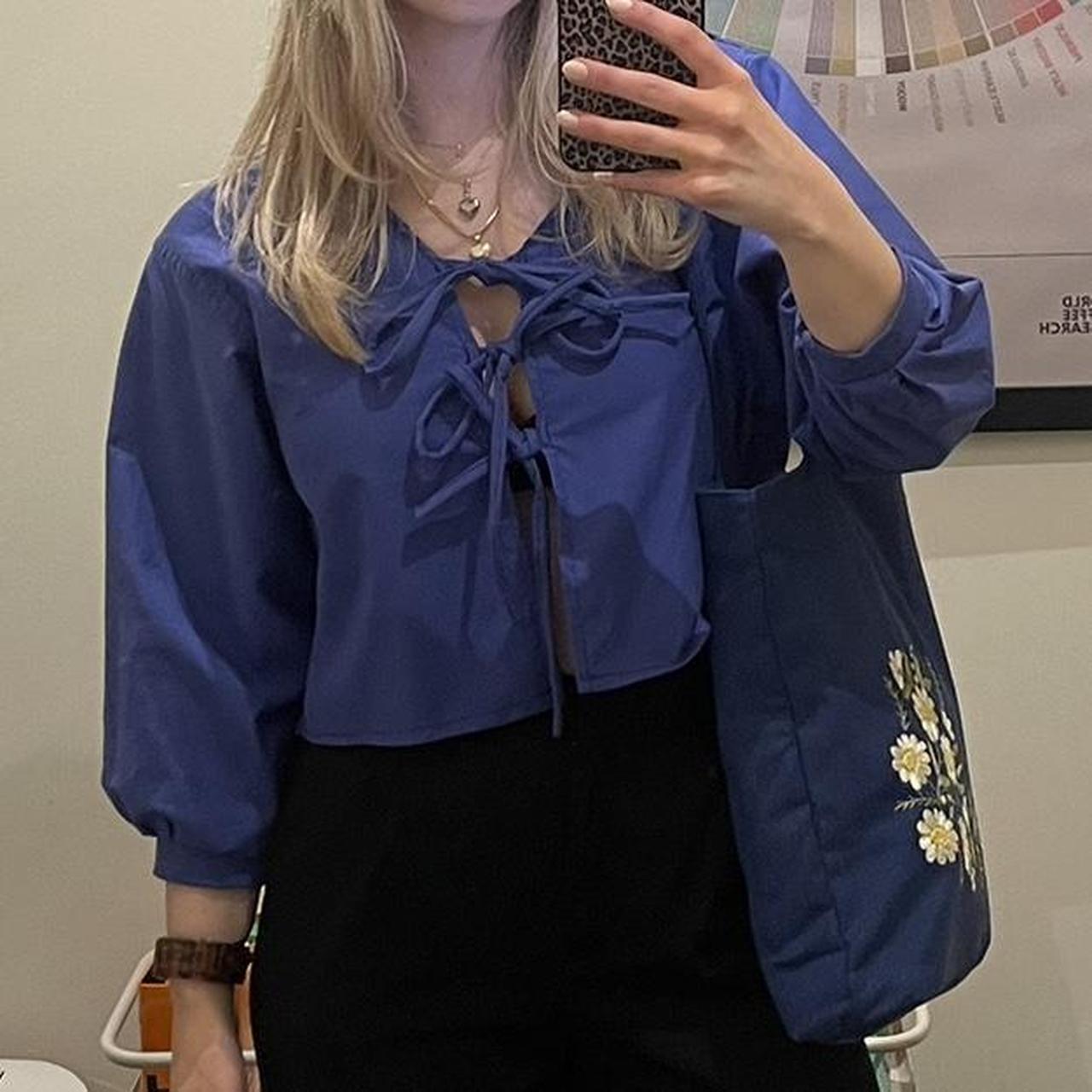 ganni style tie front puff sleeve top blue reworked... - Depop