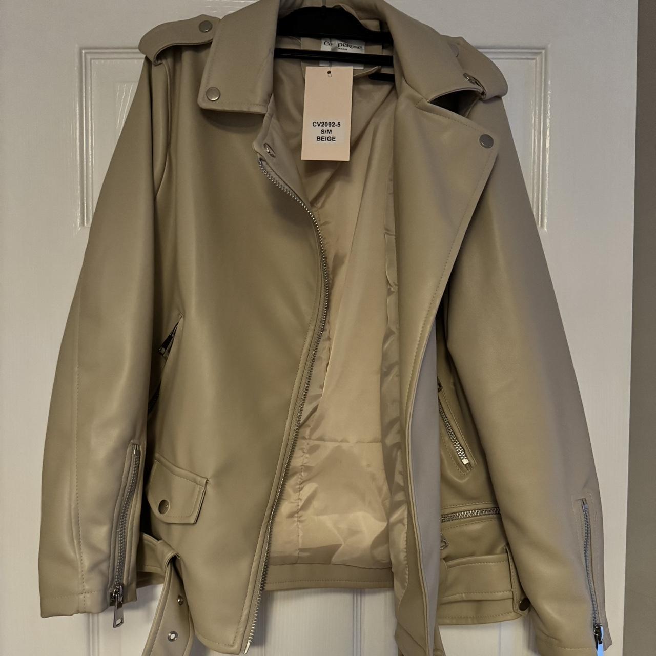 EGO zip details oversized biker jacket in nude faux... - Depop