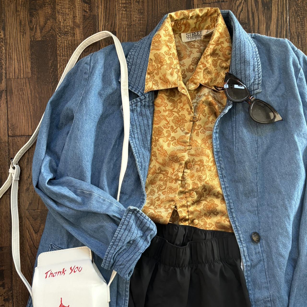 Vintage blue denim duster single button... | Depop