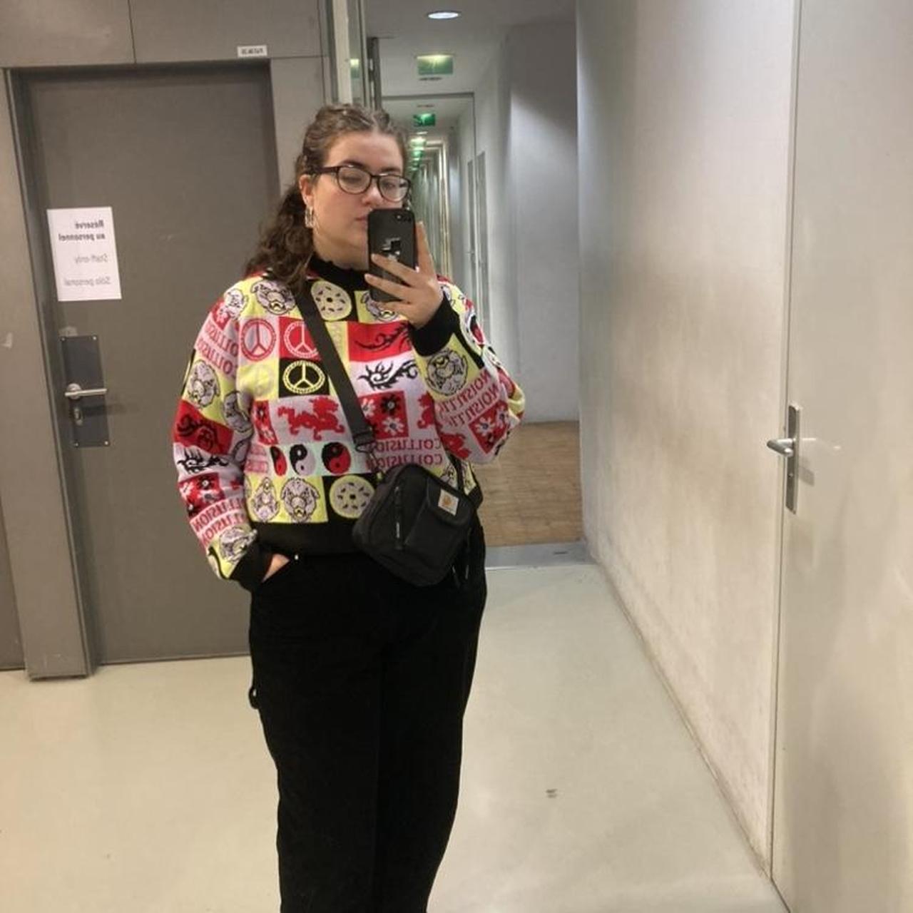 Vibrant multi-coloured cropped jumper from... | Depop