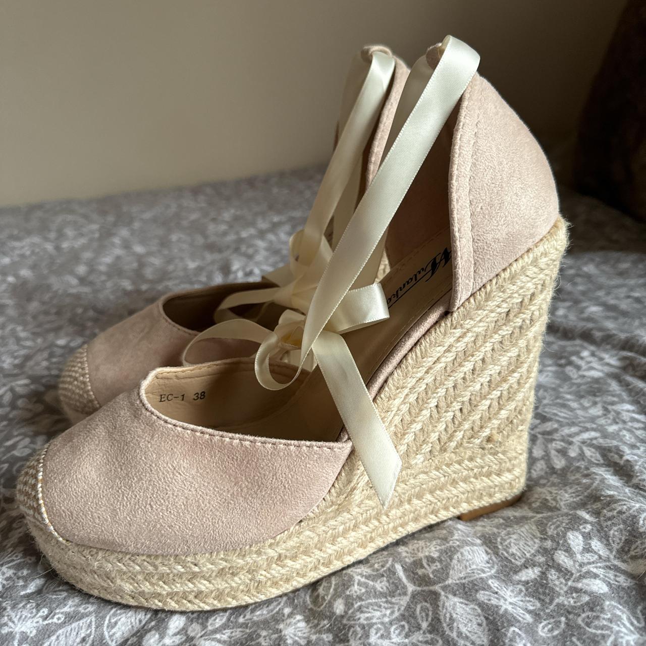 Gorgeous blush pink suede wedges with ribbon tie... - Depop