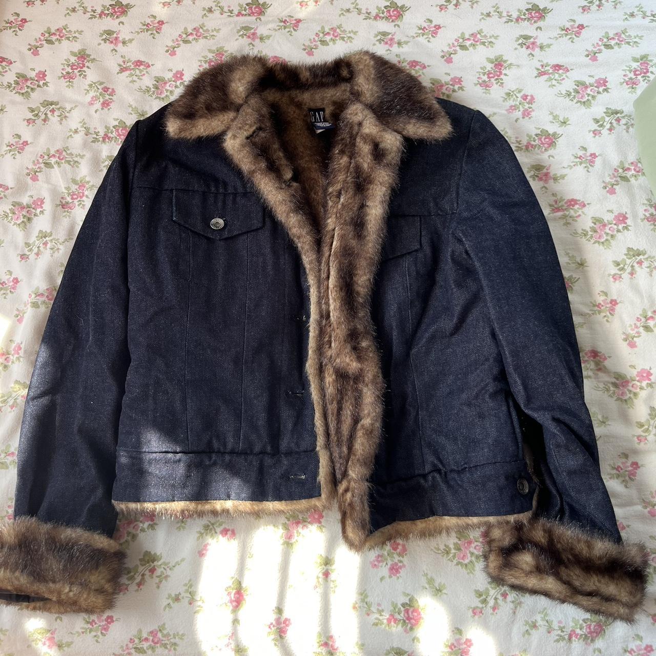 Navy denim jacket with faux fur trim and a cute... - Depop