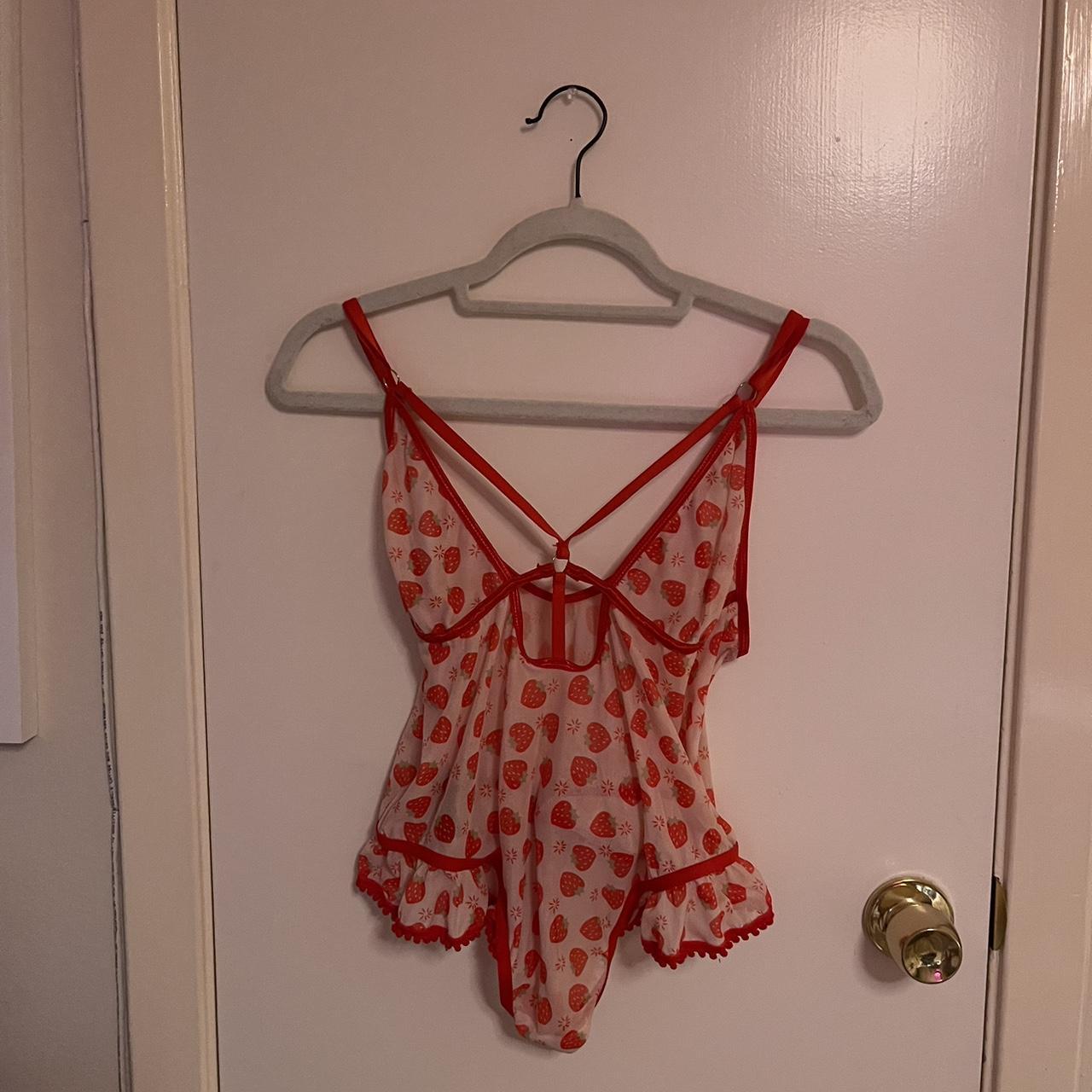strawberry mesh bodysuit / teddy worn once for... - Depop
