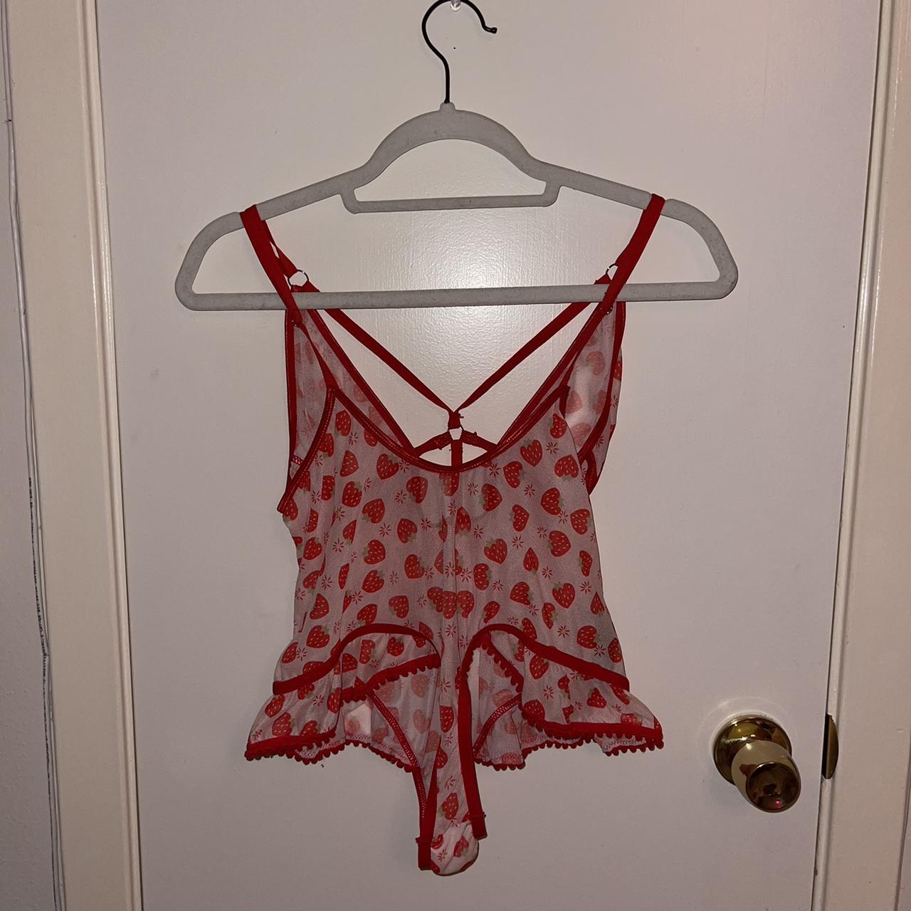 strawberry mesh bodysuit / teddy worn once for... - Depop