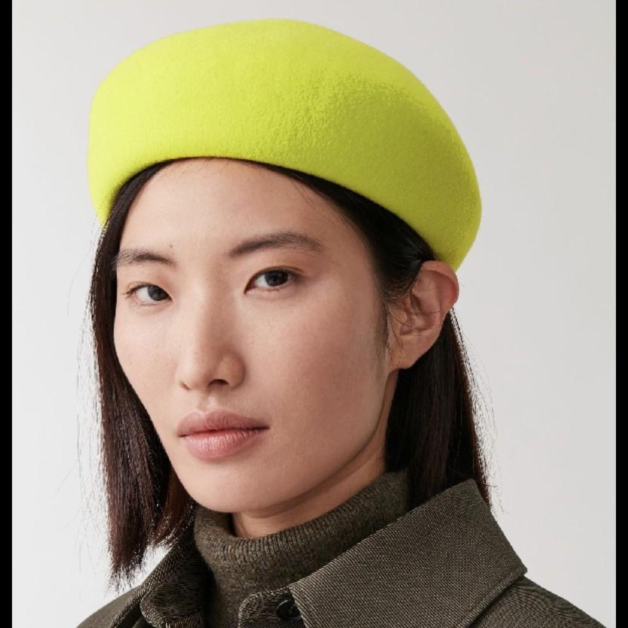 Neon Lime yellow green cos felt beret #cos accessories - Depop
