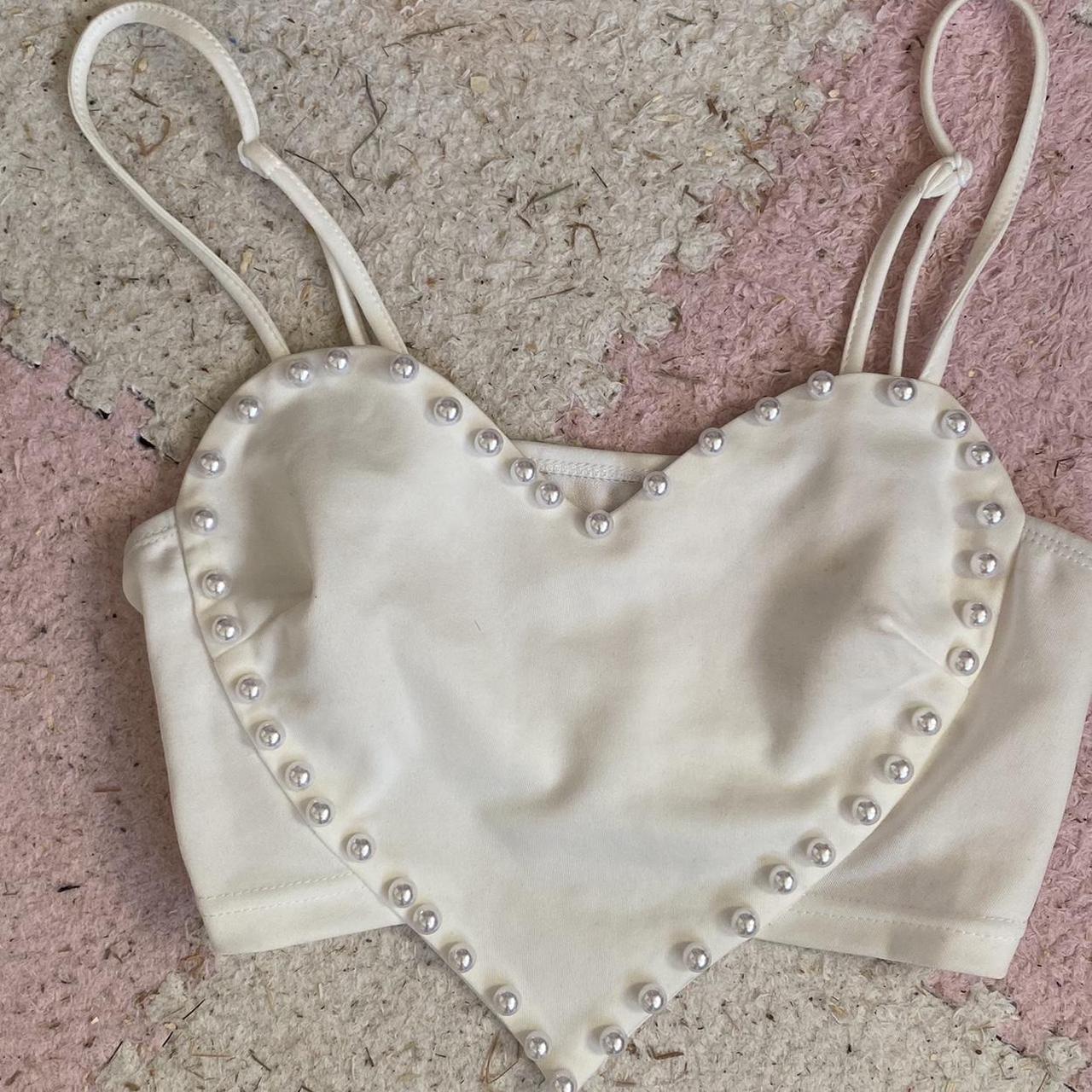 shein white heart cropped top with pearls has a... - Depop