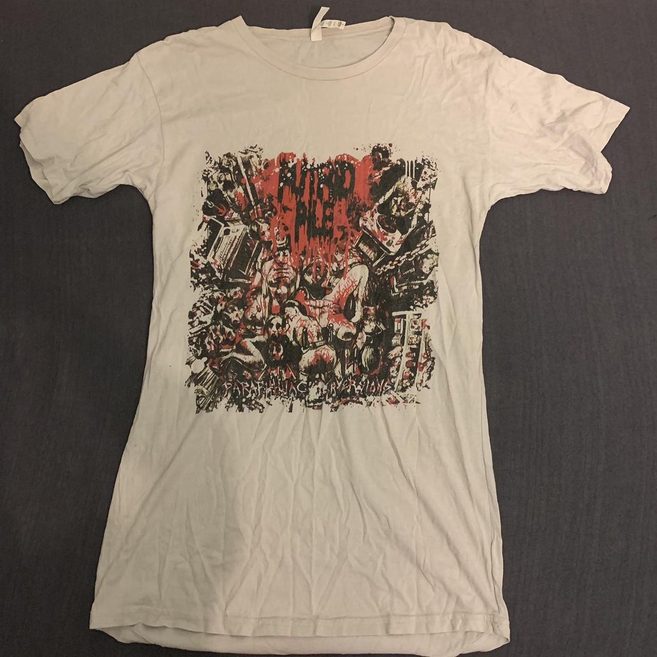 putrid pile long tshirt white with black and red... - Depop