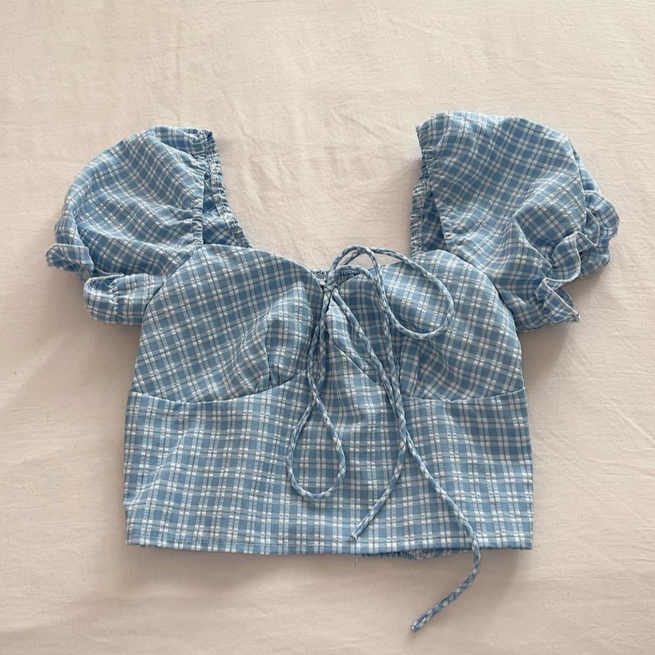 baby blue plaid crop top, super cute for spring and... - Depop