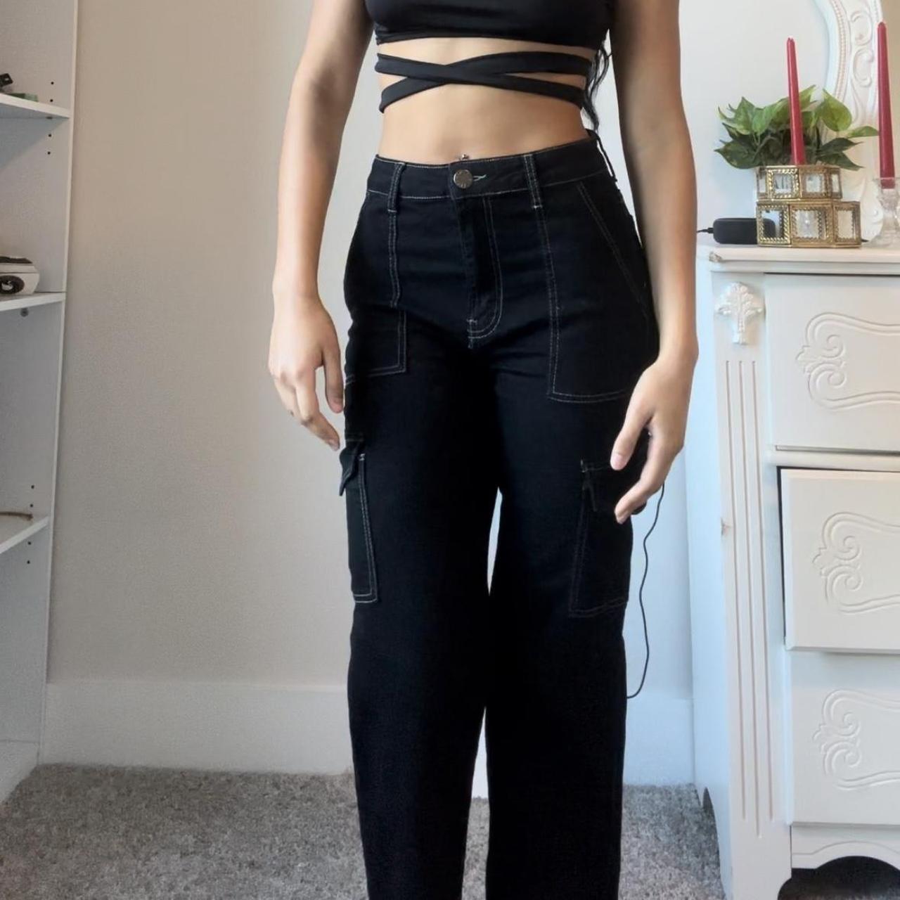 Black cargo jeans with white stitching very... - Depop