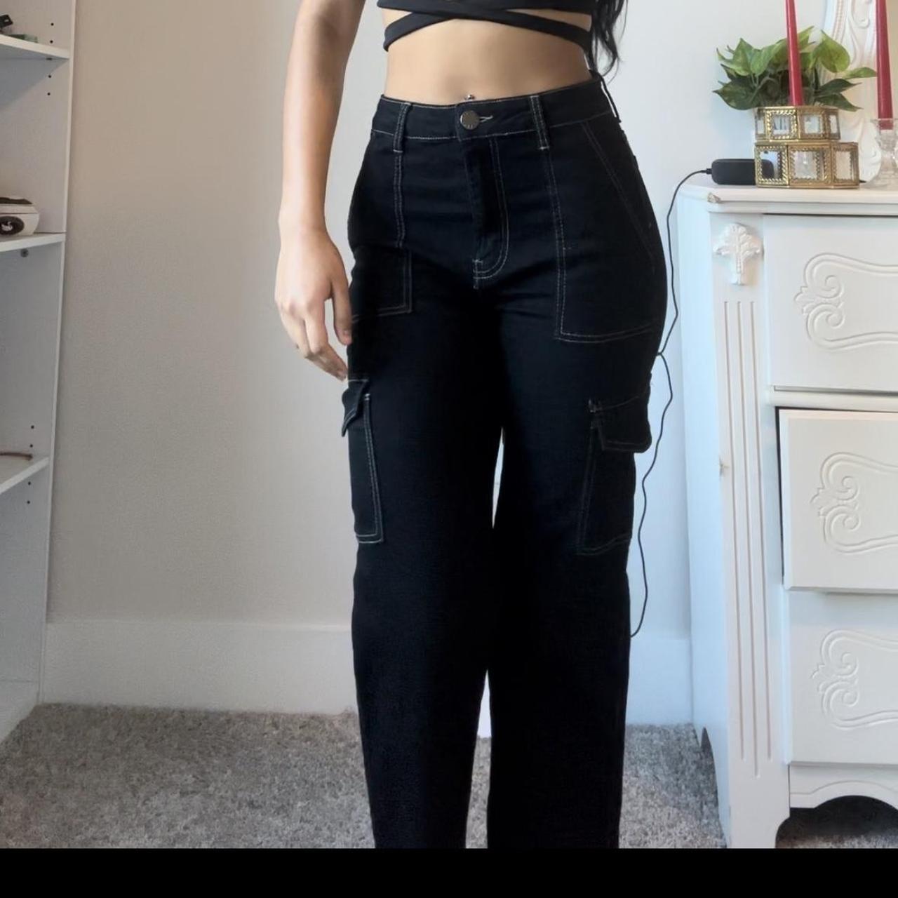 Black cargo jeans with white stitching very... - Depop