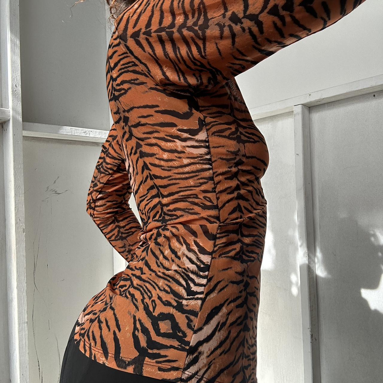 Y2K tiger stripe mesh tank in orange and... - Depop