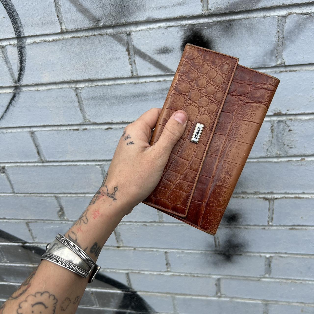 RETRO BROWN LEATHER WALLET RECTANGLE LARGE FERRE... | Depop