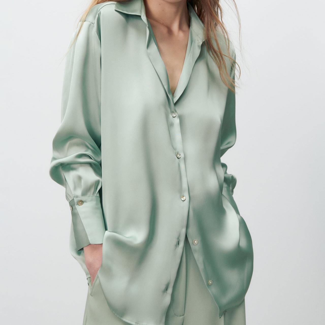 zara satin effect button down shirt in sage/mint... - Depop