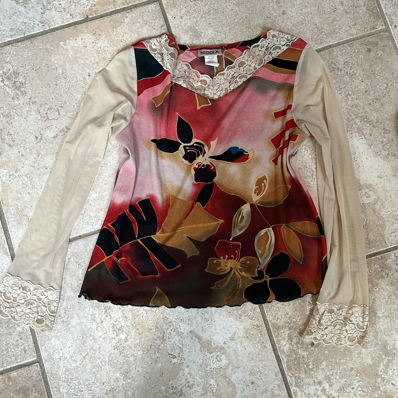 90s Pink and burgundy mesh top with lace details... | Depop