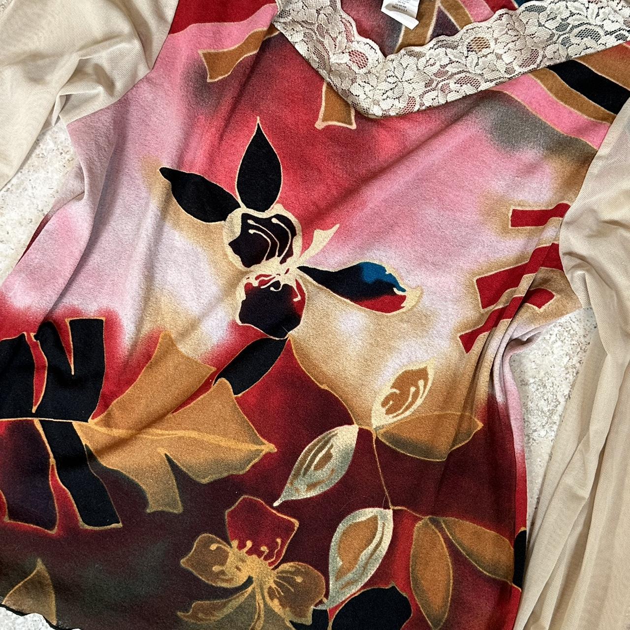 90s Pink and burgundy mesh top with lace details... | Depop