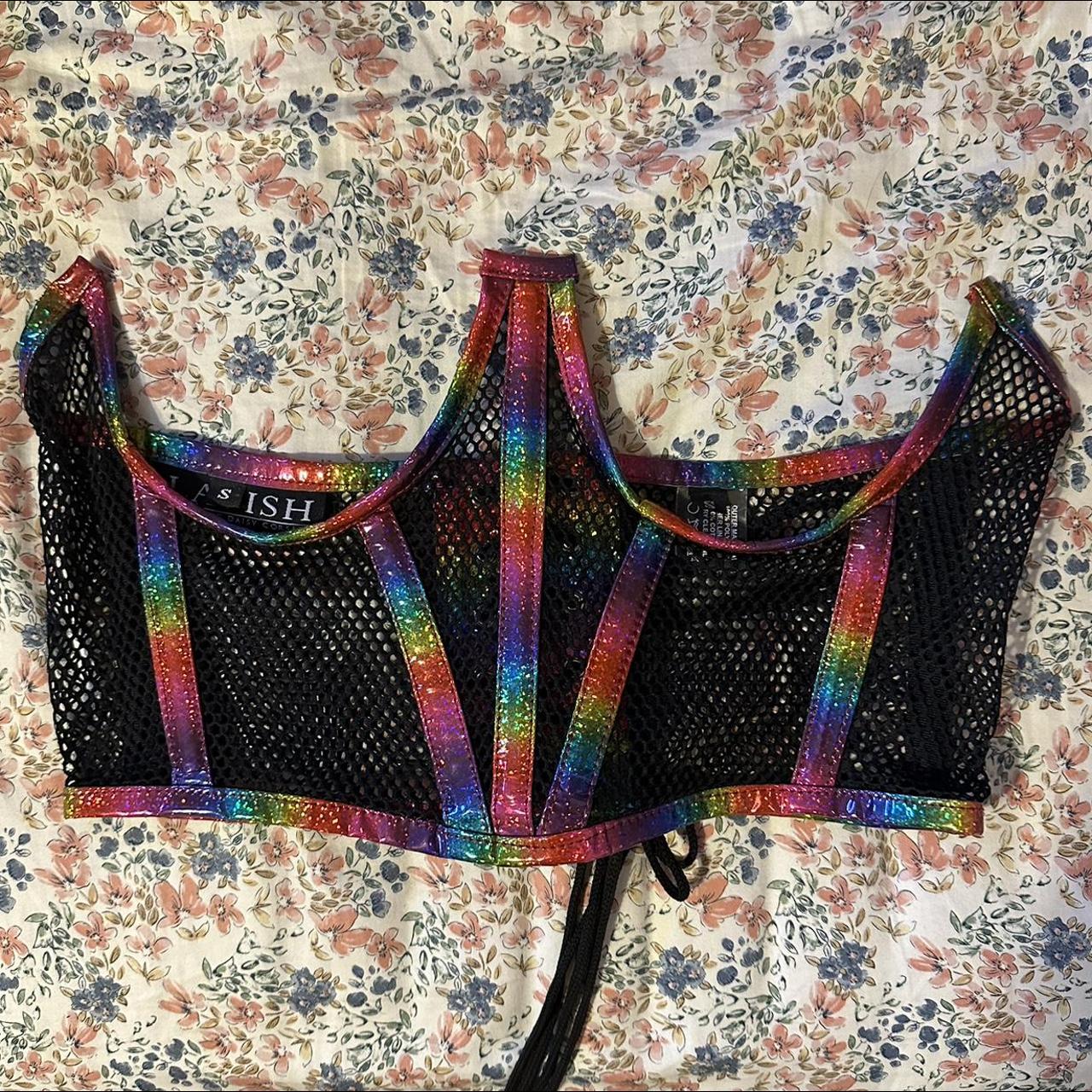 🌈rainbow lace up pvc corset with fishnet panels, tag... | Depop