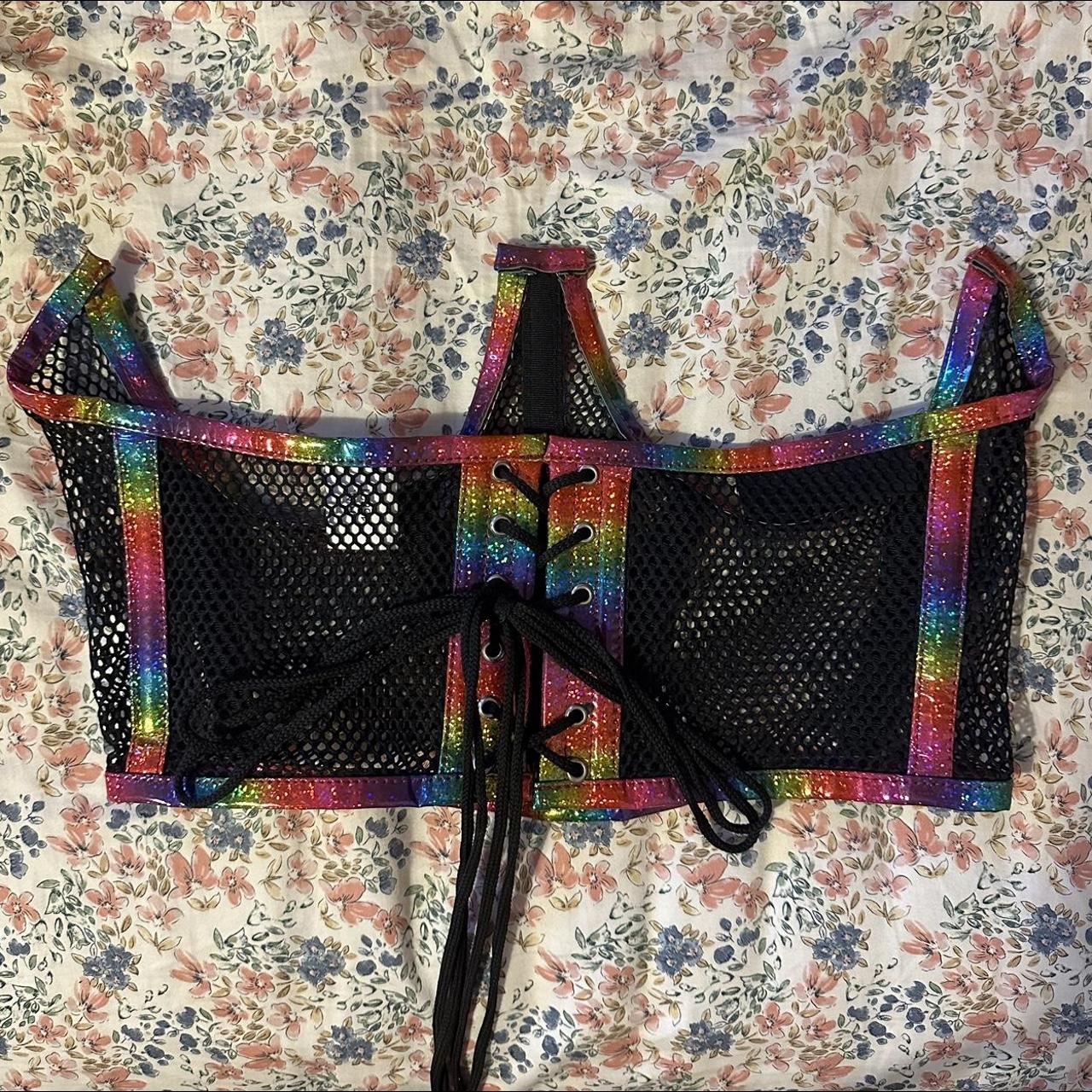 🌈rainbow lace up pvc corset with fishnet panels, tag... | Depop