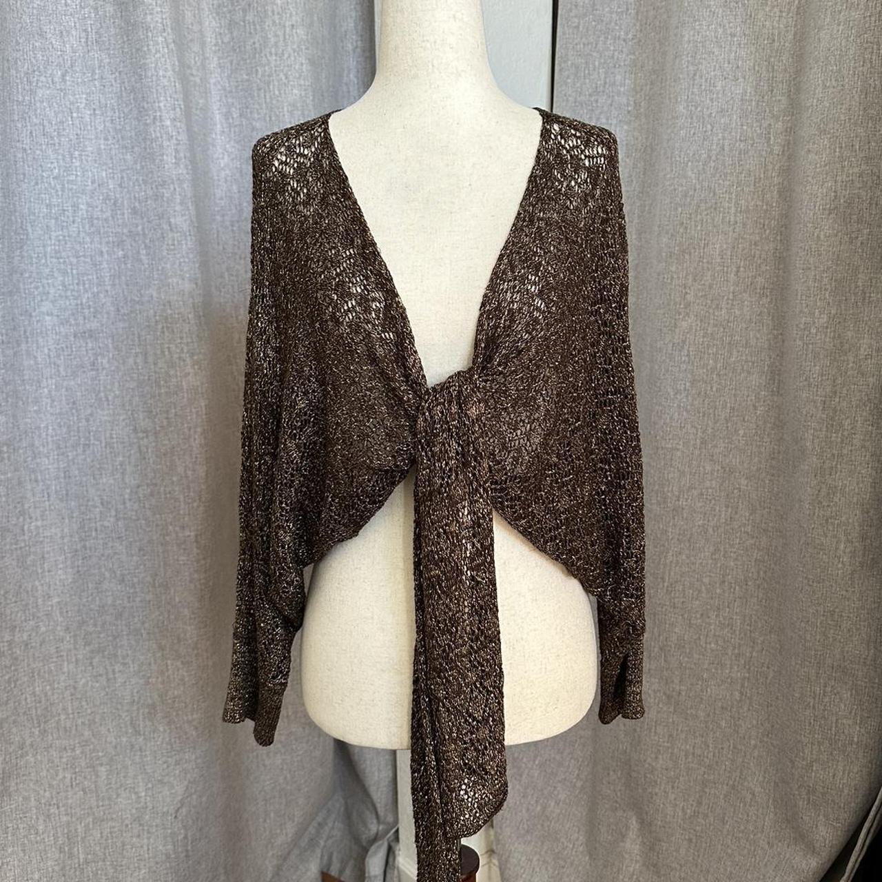 Sparkly brown crochet wrap cardigan, size large... | Depop