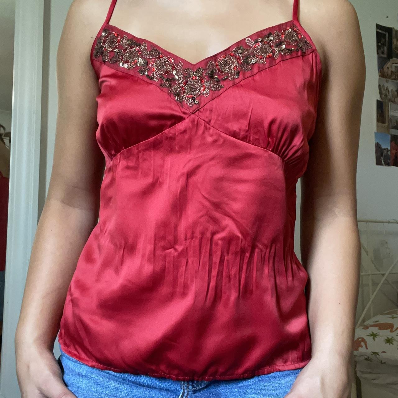 satin beaded red cami top camisole size 16 but... - Depop