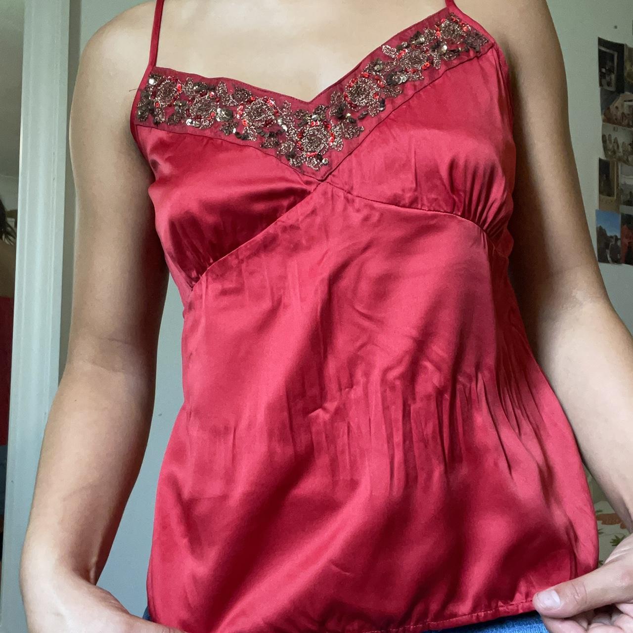 satin beaded red cami top camisole size 16 but... - Depop
