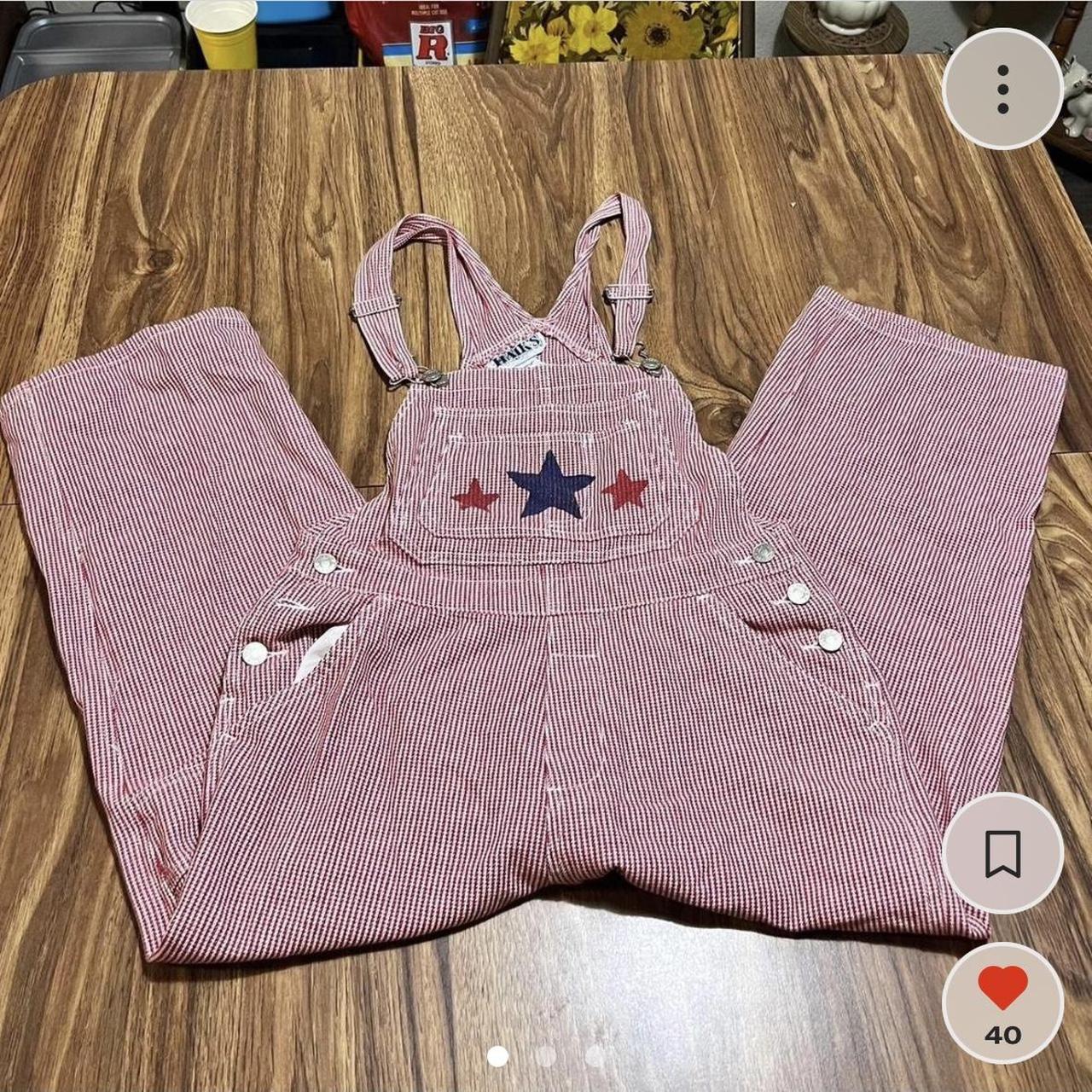 Red and white striped overalls with blu and red... - Depop