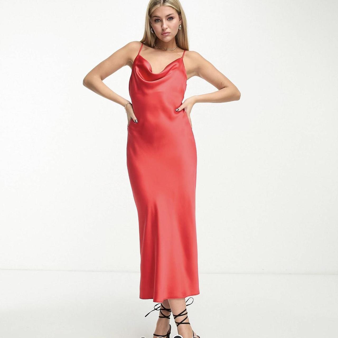 New look red satin midi dress cowl neck, size 10.... - Depop