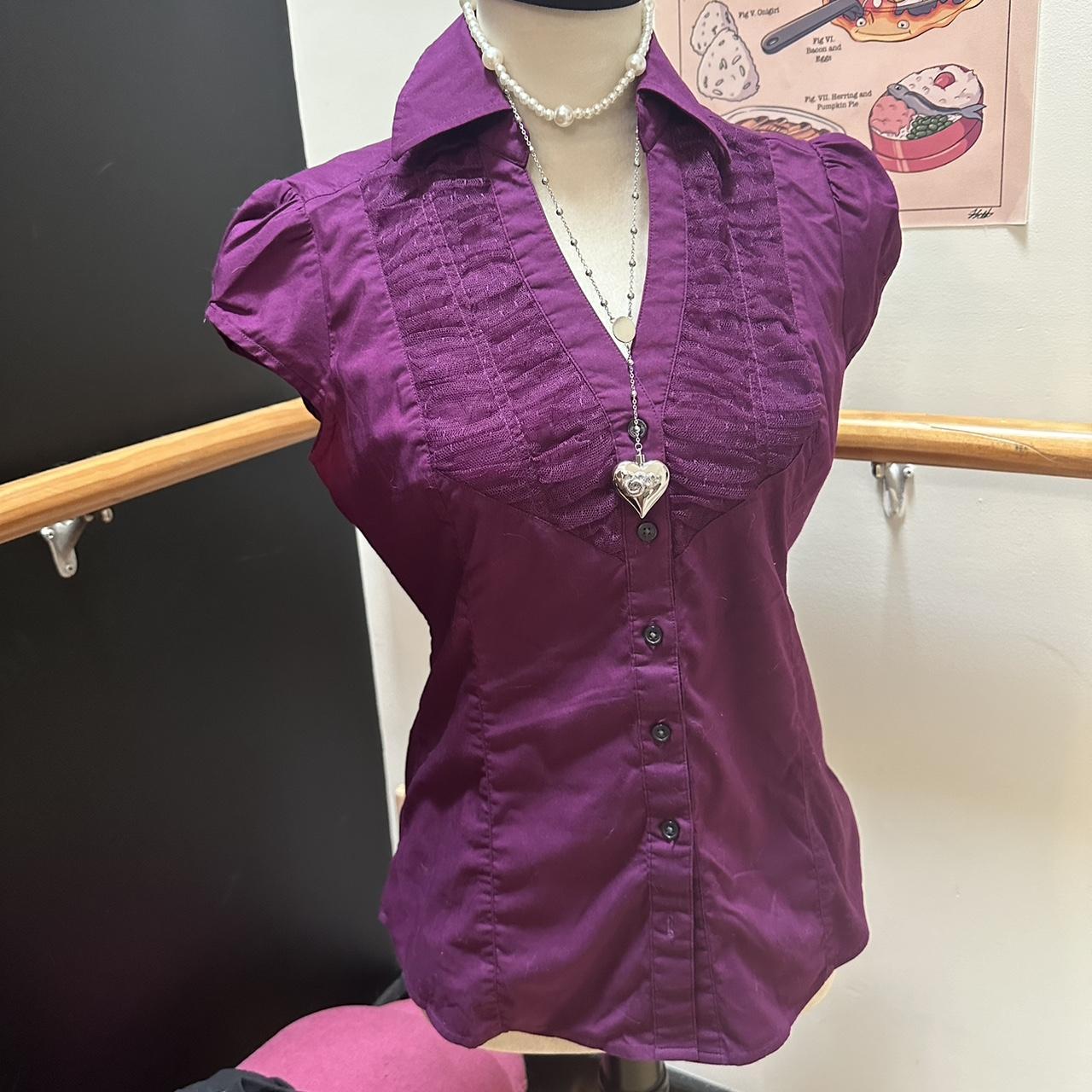2000s Purple button up blouse with lace detailing... - Depop