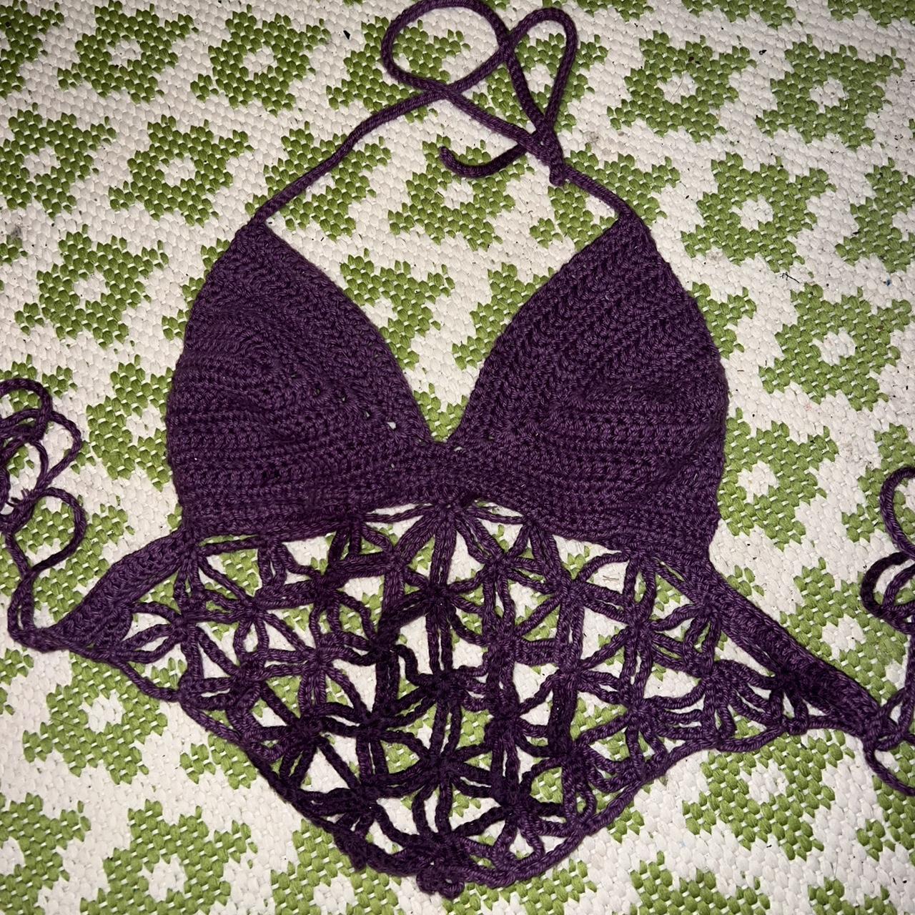 Hand crocheted crop bra top in purple yarn Xs/S... - Depop