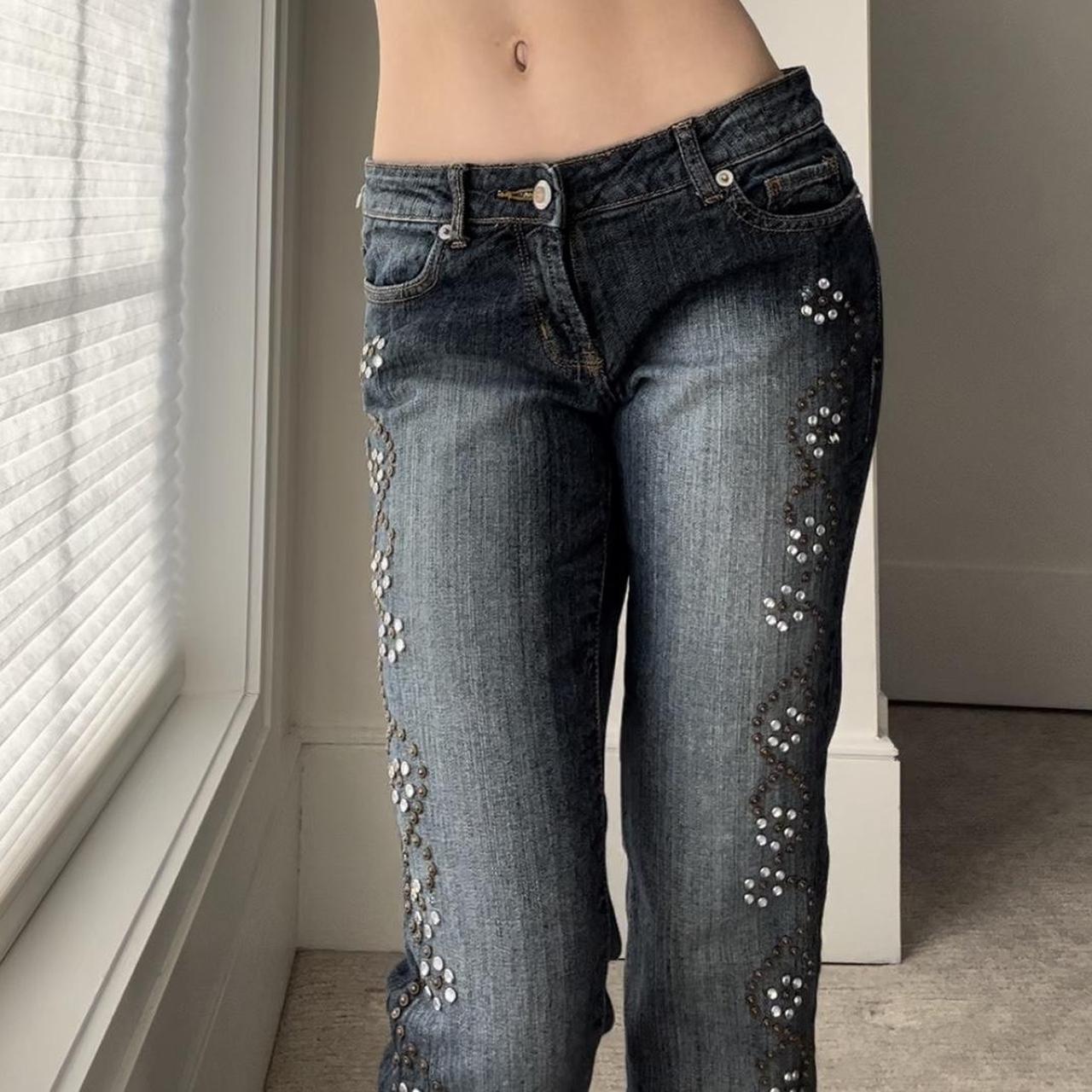 Y2K bedazzled bootcut jeans These dark wash low... - Depop