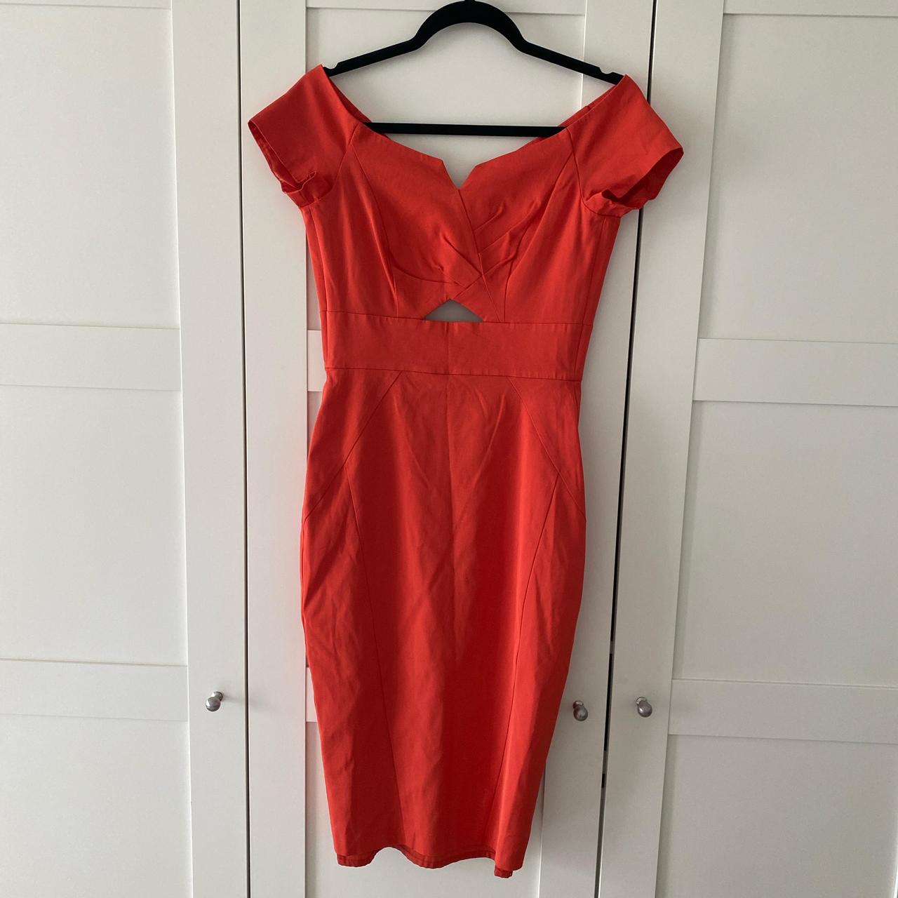 Burnt orange midi dress with a cut out detail and a... - Depop