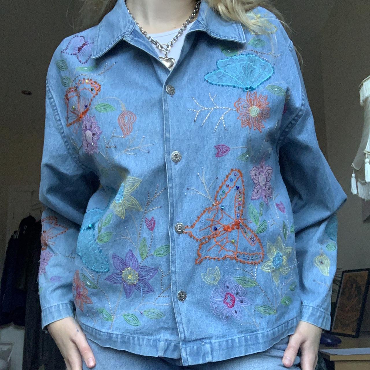 Butterfly embroidered denim jacket Super cute, as... - Depop