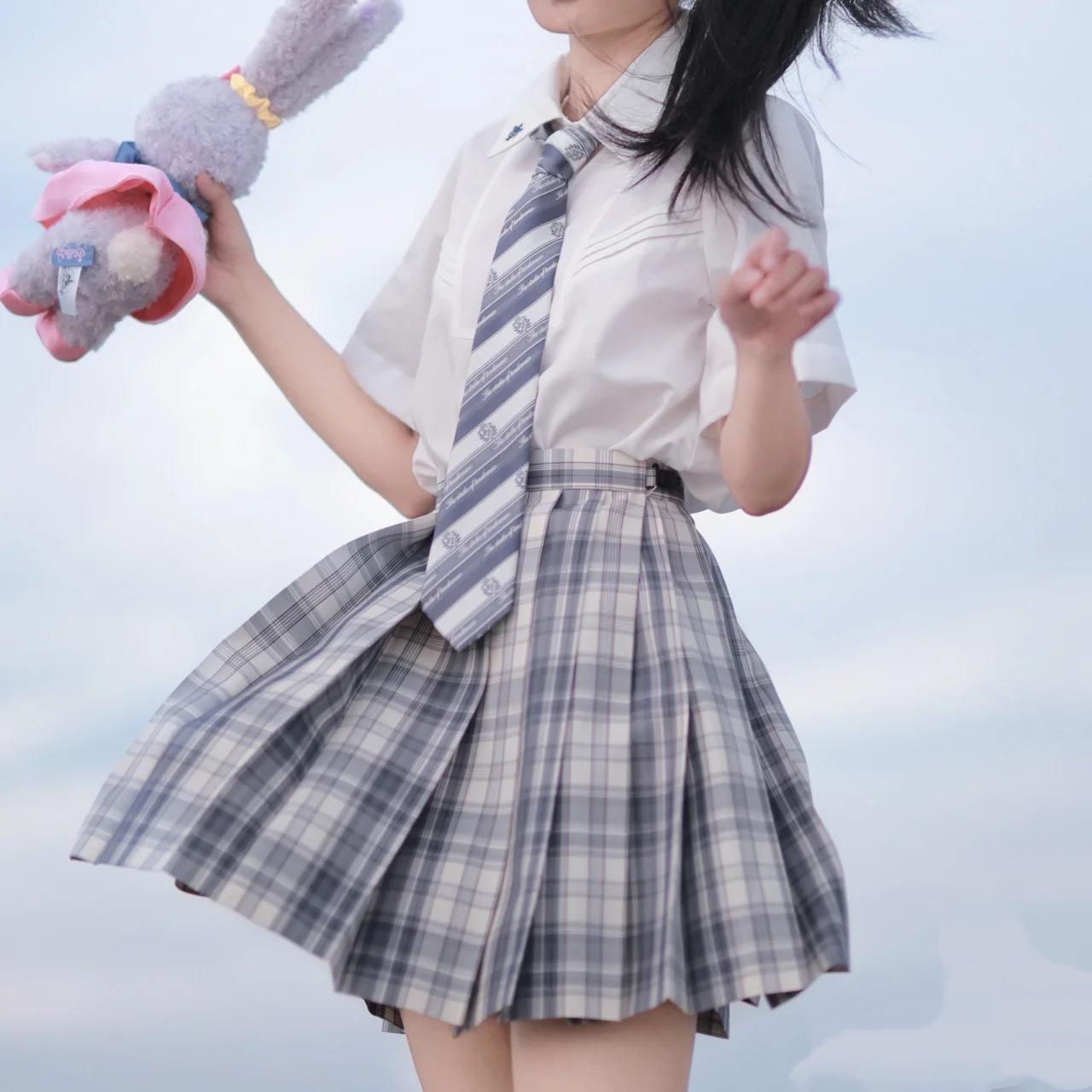 Japanese JK School Uniform blue and white Plaid... - Depop