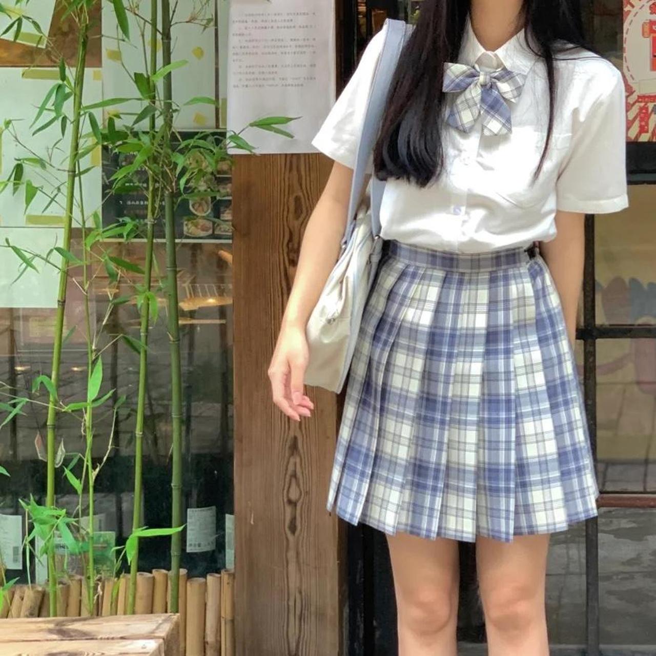 Japanese JK School Uniform blue and white Plaid... - Depop