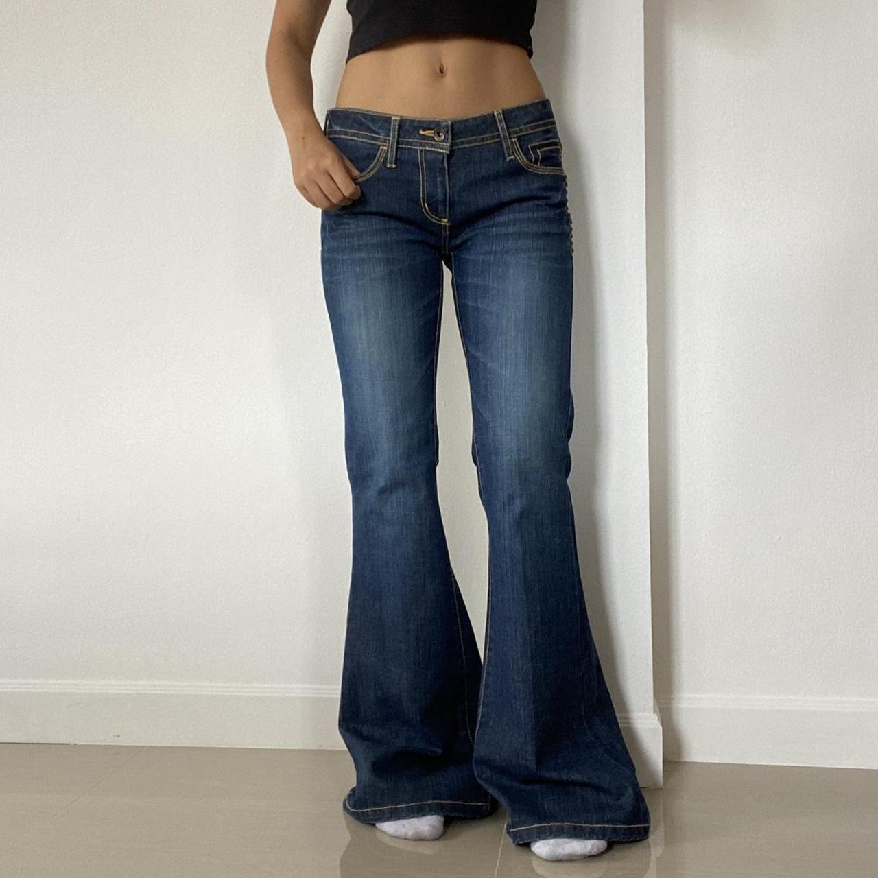 Low rise dark wash faded flare jeans Embroidered... - Depop