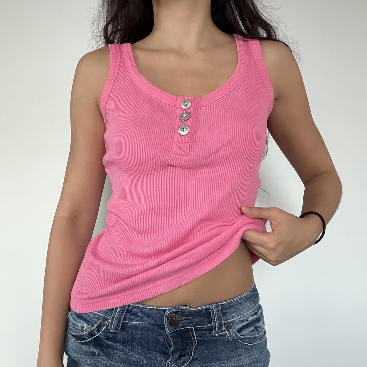 Pink ribbed tank top with button detail... | Depop