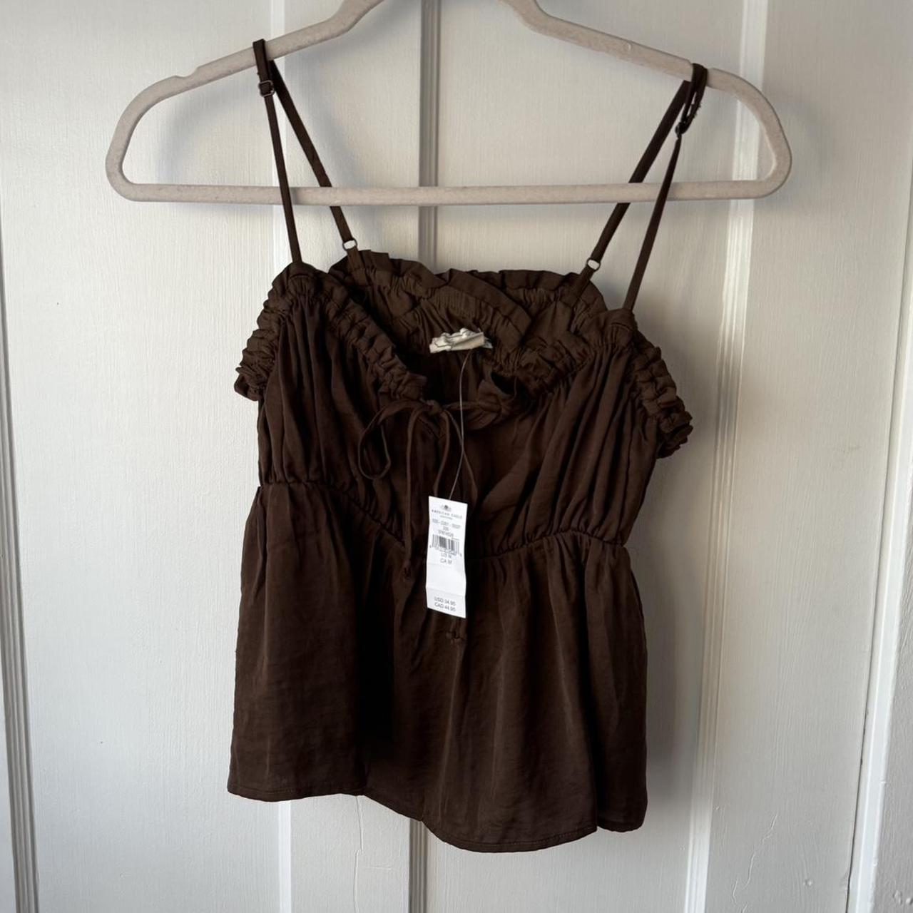 Brown babydoll ruffle top with adjustable straps... | Depop
