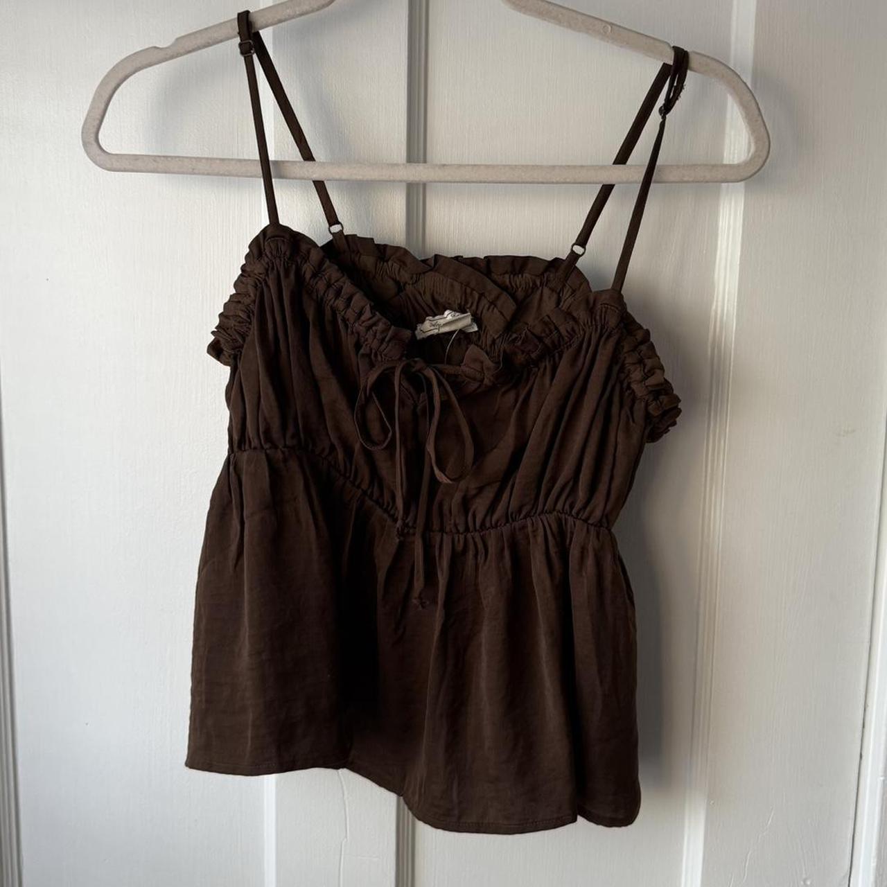Brown babydoll ruffle top with adjustable straps... | Depop