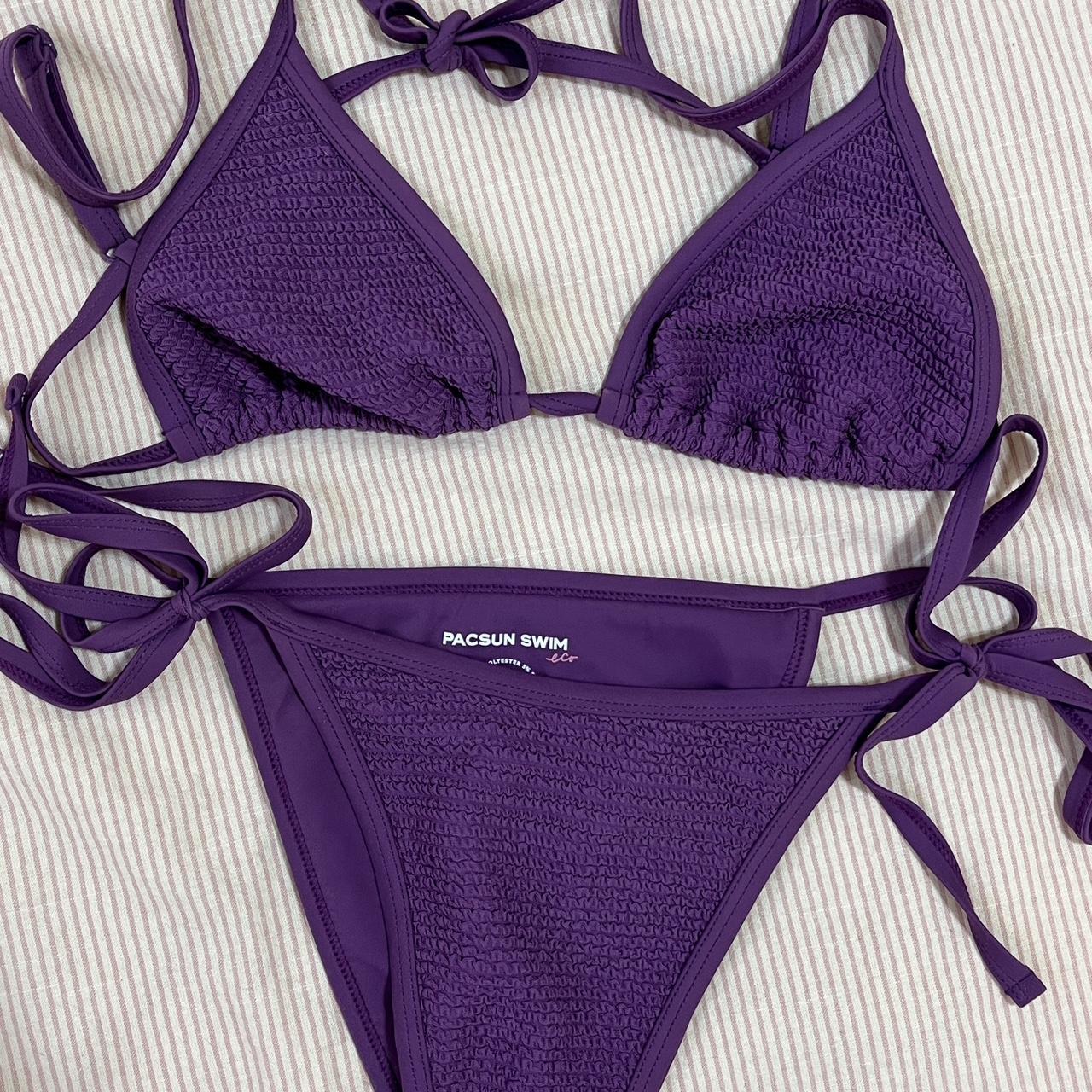 pacsun swim dark purple ruched bikini top and... - Depop