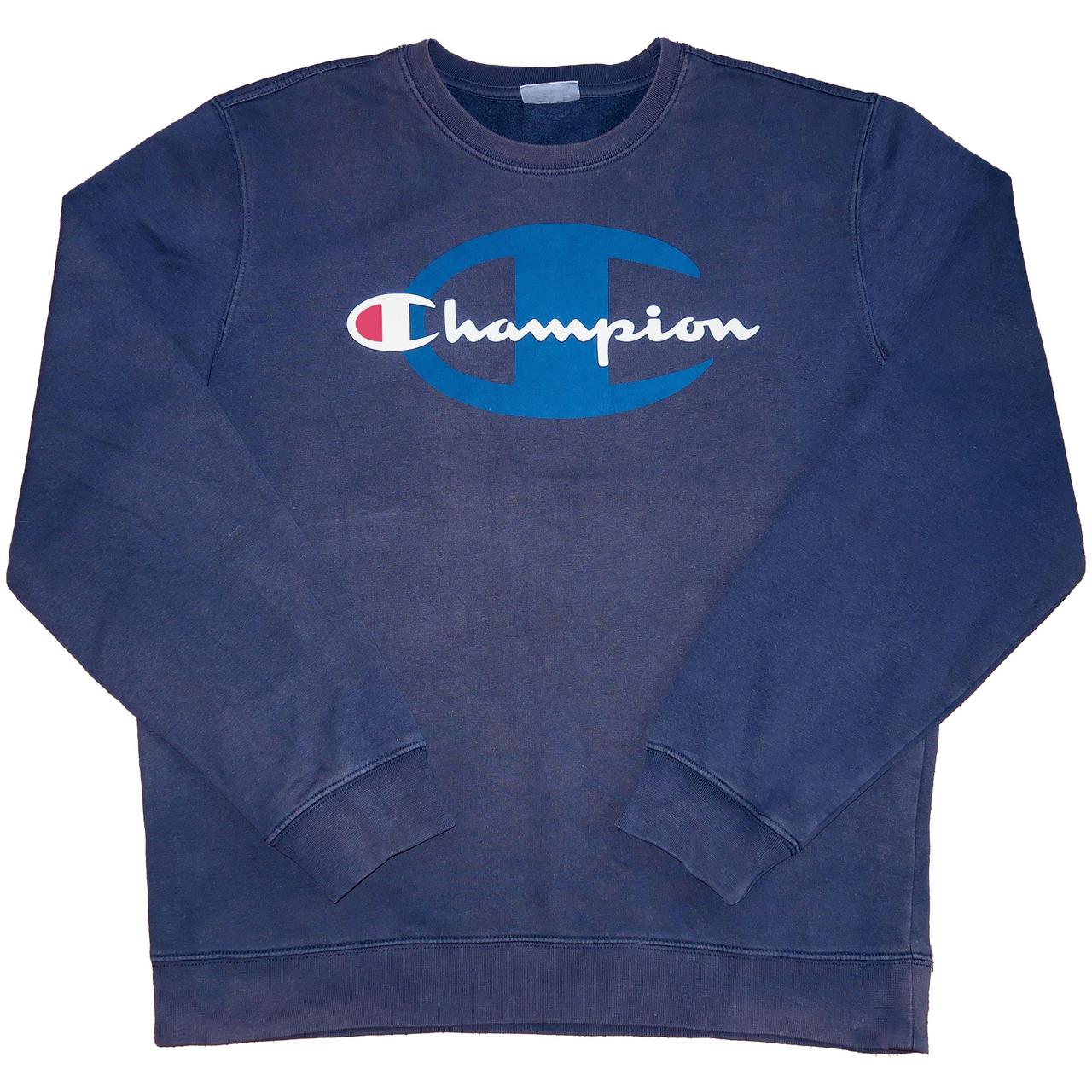 - Men's Navy Blue Champion Spellout Sweatshirt... - Depop