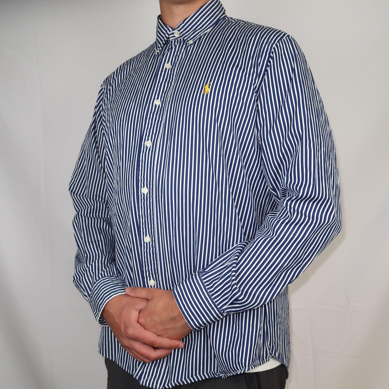 - Men's Navy Blue and White Striped Ralph Lauren... - Depop