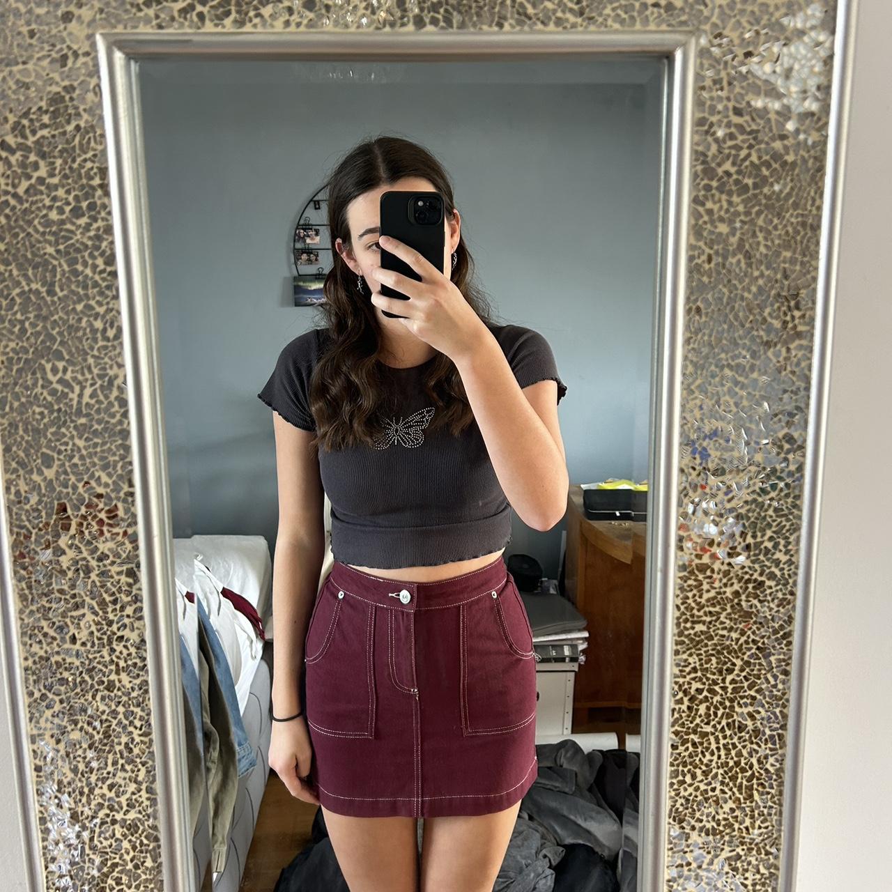 Maroon jean skirt store