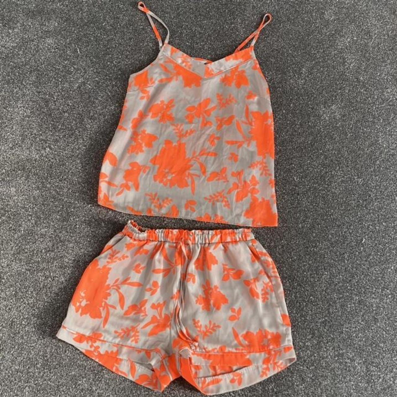 PRIMARK Silver and neon orange short satin pyjamas... - Depop